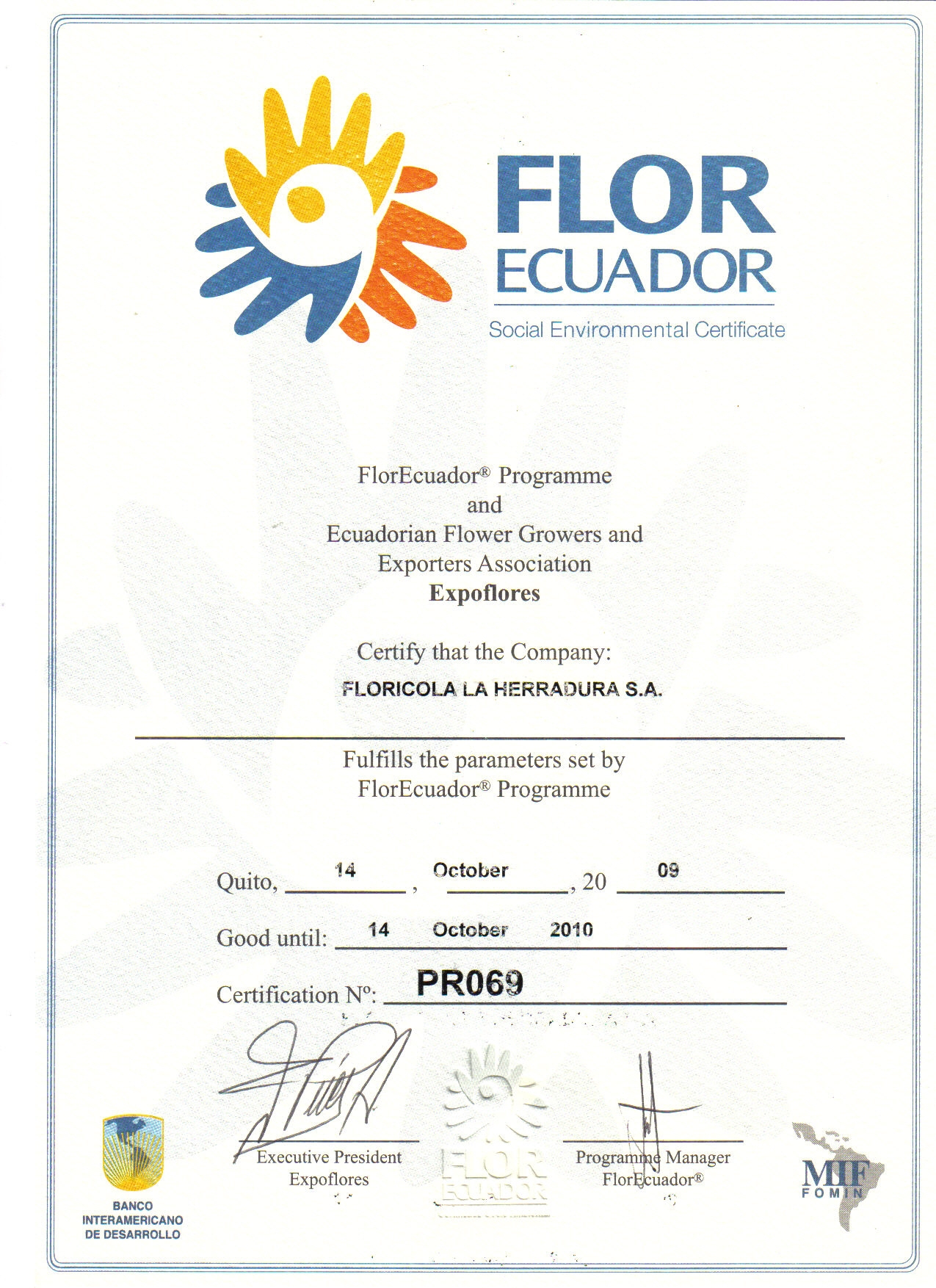 Grupo Herradura.- Certificado